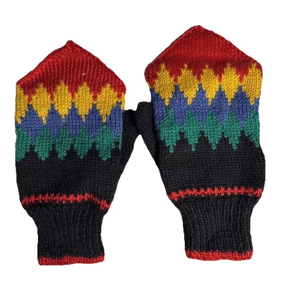 Accessories | Vintage Colorful Handmade Wool Mittens Black Red Green ...